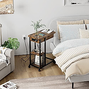 C Shaped Side Table, Mobile Couch Snack Side Table with USB Ports and Charging Station, Narrow End Table with 3 Tier Storage Shelf with Wheels for Small Spaces, Living Room, Bedroom