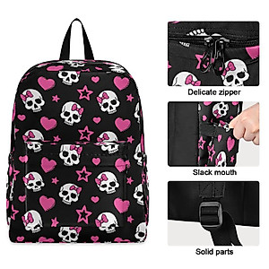 MNSRUU Student Backpack for School Pink Hearts and Skulls Laptop Backpack Aesthetic School Bookbags Casual Daypack Backpack Fits 15.6 Inch Laptop