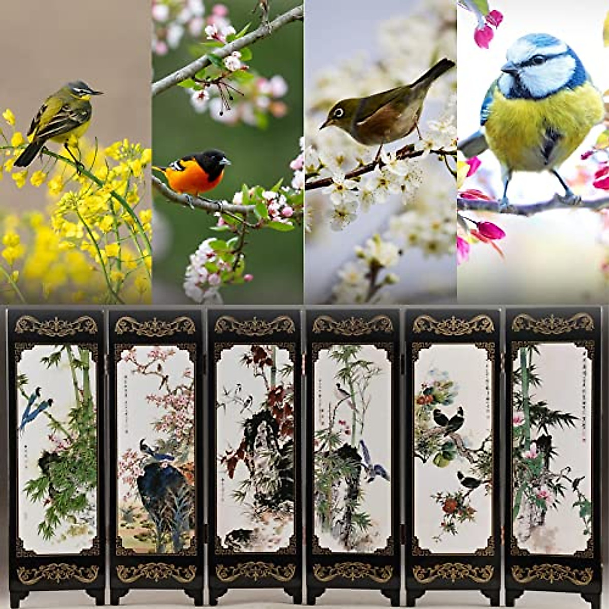 Bantlou Mini Folding Screen Small Chinese dividers Japanese Decor Folding Screen Desktop Asian Decoration Gift for Home Office New Year 18.5‘’×9.5’’(Bird and Flowers)