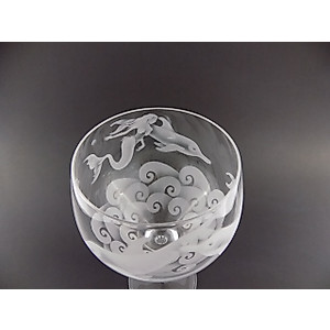 IncisoArt Hand Etched Italian Crystal Goblet Sandblasted (Sand Carved) Handmade Wine Water Glass Engraved (Mermaid Dolphins, 500 Milliliter (17 Ounce) Red Wine)