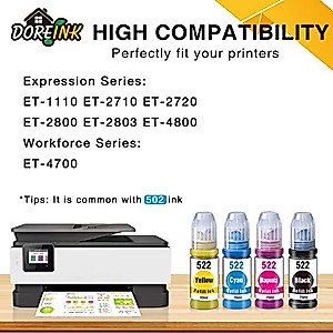 DOREINK Compatible 522 T522 EcoTank Refill Ink Bottle Replacement for EcoTank ET-2720 ET-2800 ET-4700 ET-2803 ET-4800 ET-2710 ET-1100 Printer (4 Pack, Black, Cyan, Magenta, Yellow) Dye Ink