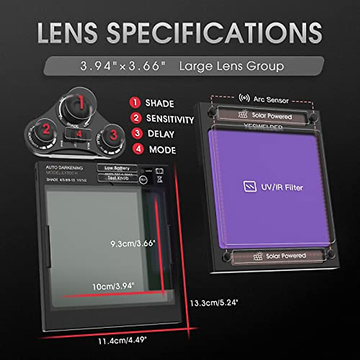 YESWELDER Large Viewing Screen 3.93"X3.66" True Color Solar Power Auto Darkening Welding Helmet, 4 Arc Sensor Wide Shade 4/5-9/9-13 for TIG MIG Arc Weld Grinding Welder Mask LYG-M800H