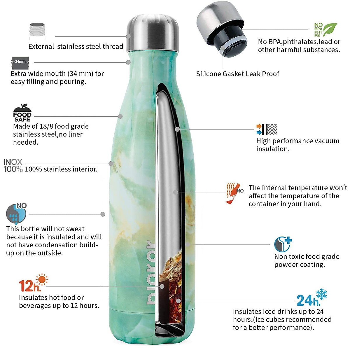 BJPKPK Insulated Water Bottles 17oz Stainless Steel Sports Water Bottles Keep Cold for 24 Hours and Hot for 12 Hours,BPA Free,Marble Jade