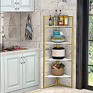 VERYKE 4 Tier Corner Shelf Standing Display Rack Corner Bookshelf Storage Plant Rack with Metal Frame Multipurpose Plant Stand for Living Room, Office, Kitchen, Small Space (Gold/White)