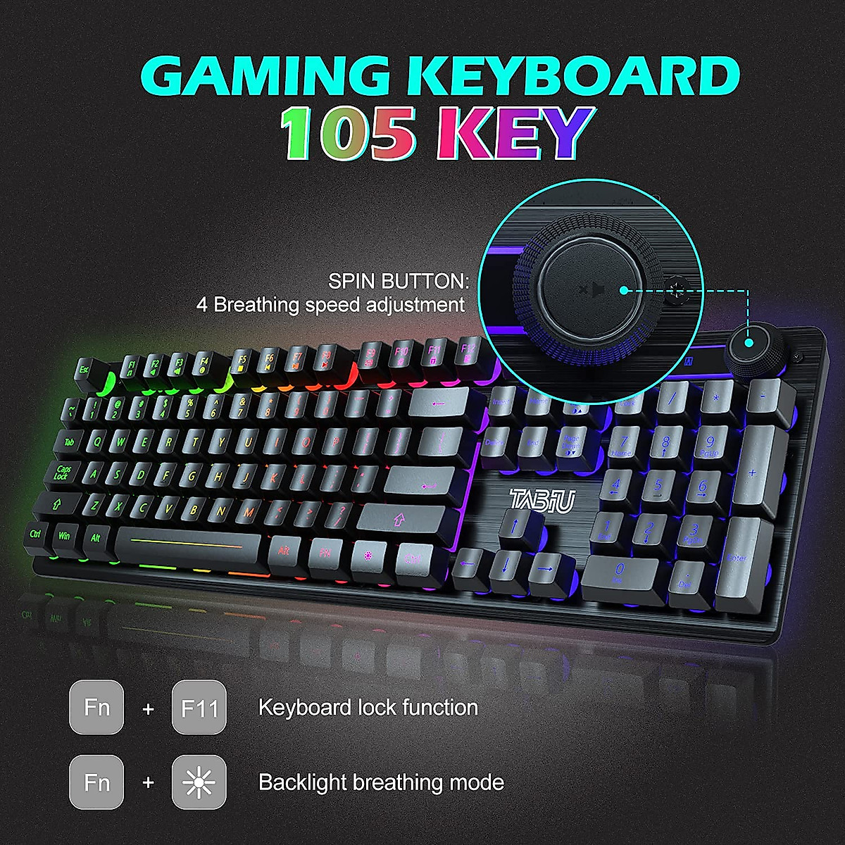 TNBIU Gaming Keyboard, 105-Key Wired Membrane Keyboard, Rainbow LED Backlit Keyboard, Floating Keycap Design, Aluminum Alloy Panel, Stylish Appearance Design, Suitable for Desktop, Computer, PC