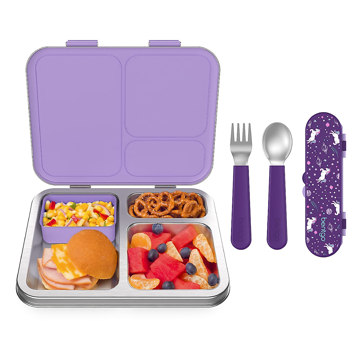 Bentgo® Kids Stainless Steel Prints Lunch Box Set With Reusable Stainless Steel Utensils (Unicorn)