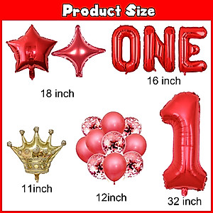 Red One Balloon for First Birthday, Red 1 Balloon with Confetti Balloons Set, Red Star Balloons, Crown Balloons for 1st Birthday Girl Decoration, Number One Balloon for 1st Birthday Balloons Décor