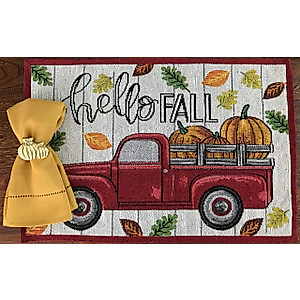 Fall Farmhouse Red Truck and Pumpkins Placemats, Hello Fall Set of Six (6) Colorful Tapestry Weave Fabric, for Holiday's, Thanksgiving, Autumn and Fall