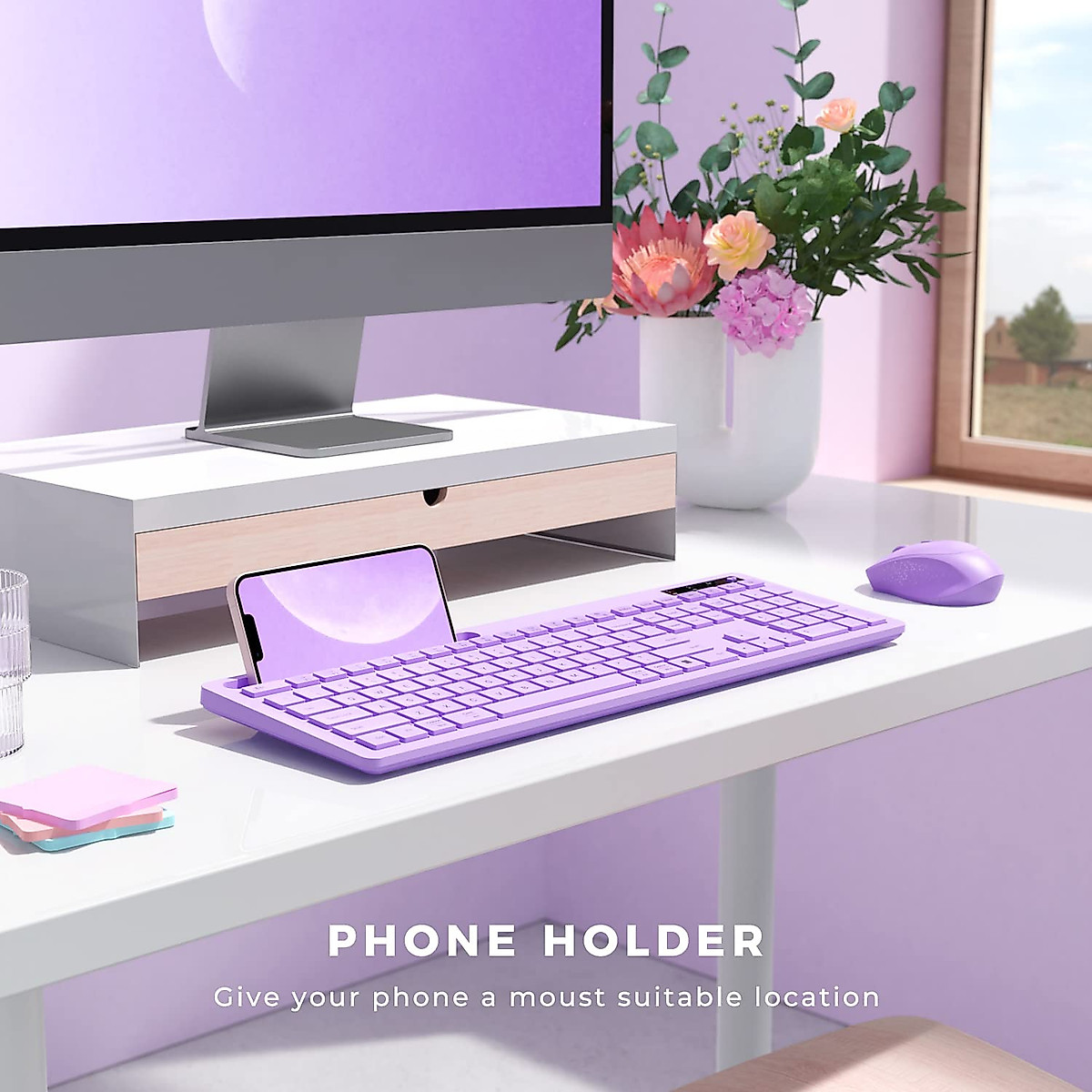 Keyboard and Mouse Wireless, Vivefox Wireless Keyboard with Phone Holder USB A & Type C Receiver Cute Keyboard and Mouse Compatible for Windows, Mac, MacBook/Air/Pro Computer (Purple)