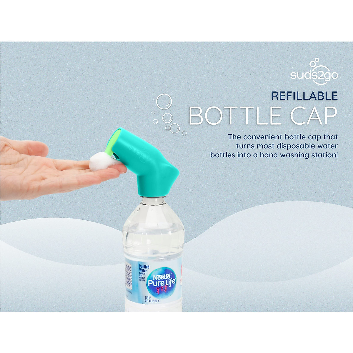 Suds2Go Refillable Caps, 2 Pack - Universal Fit Turns Most Disposable Water Bottles Into A Hand Washing Station - Includes Refillable Soap Reservoir - Conveniently Sized to Take on The Go - Teal