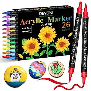 DEYONI Dual Tip Acrylic Paint Pens, 26 Colors, Medium and Brush Tips, Ideal for Rock Painting, Ceramic, Wood, Plastic, Calligraphy, Scrapbooking, Card Making, DIY Crafts