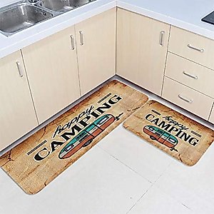 Beauty Decor Kitchen Rugs and Mats Happy Camper Car Bus-Vintage 2 Pieces Set Non Slip Absorbent Runner Rug Set Super Soft Kitchen Runners Low-Profile Floor Mat
