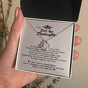 To My Bad Ass Step Daughter, Gifts for Stepdaughter, Step Daughter Gifts, Love Knot Necklace, Jewelry Card for Her, Stainless Steel, Cubic Zirconia