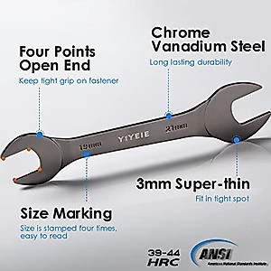 YIYEIE Super-Thin Open End Wrench Set, 10-Piece Metric, 5.5, 7, 8, 9, 10, 11, 12, 13, 14, 15, 16, 17, 18, 19, 20, 21, 22, 23, 24, 27 mm, Nickel Coating, CR-V Steel, Slim Wrench with Rolling Pouch