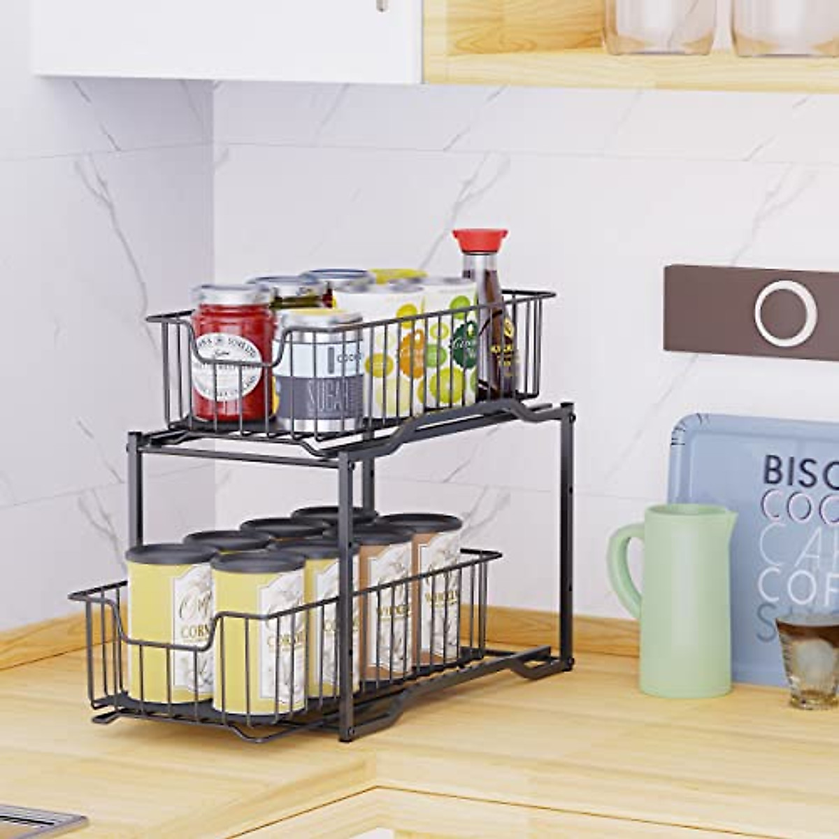 Simple Trending Stackable 2-Tier Under Sink Cabinet Organizer with Sliding Storage Drawer, Black