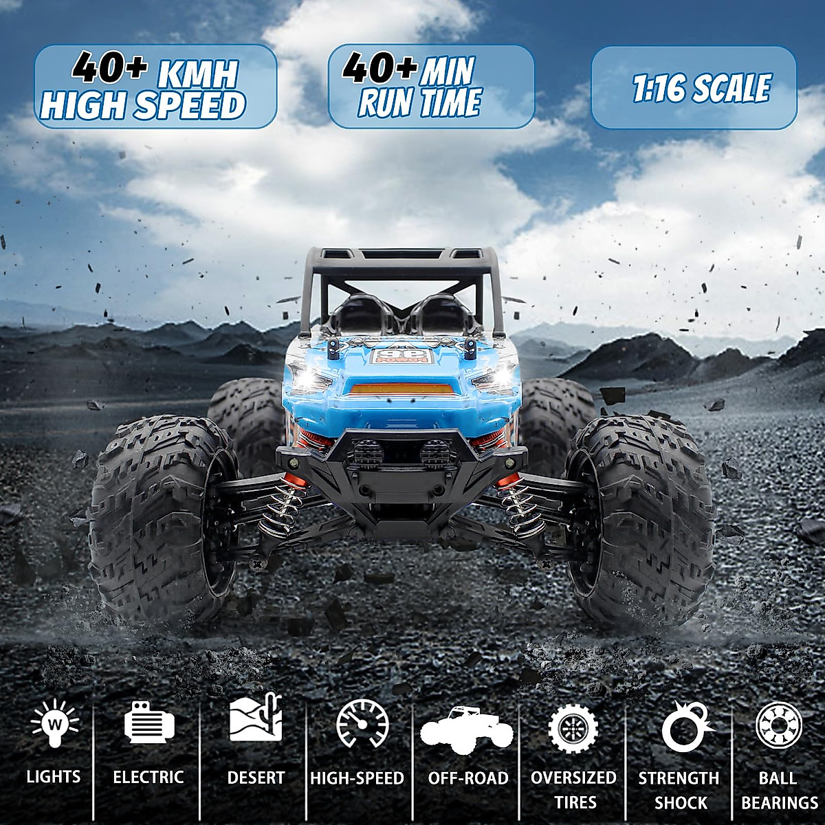 Losbenco High Speed RC Cars 40KPH for Adults, 1:16 Scale Remote Control Car, 4WD All Terrain Off-Road Monster RC Truck with Bright Headlight 2 Rechargeable Batteries for Kids and Adults