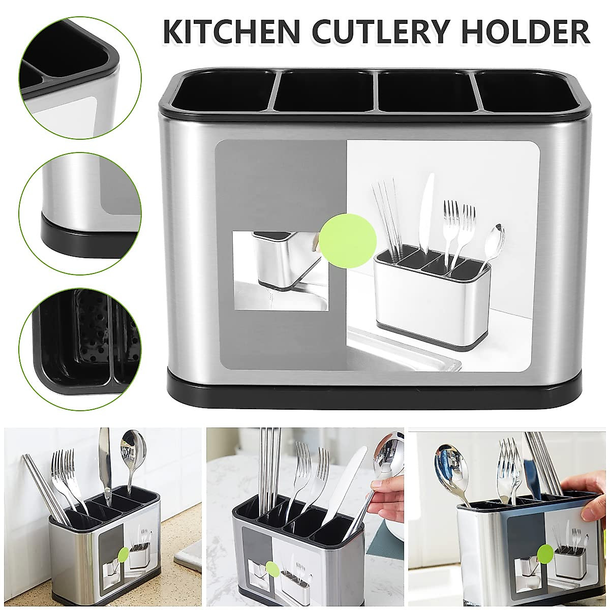 Keyohome Kitchen Cutlery Holder Stainless Steel Large Capacity Utensil Holder with Divider Weighted Base for No Tipping for All Kitchens Countertop or Table,18x13x8.6cm