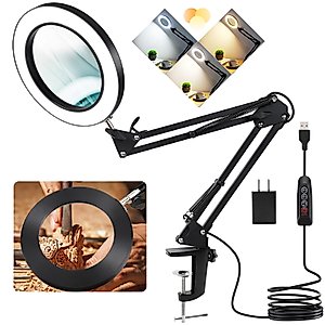 10X Magnifying Glass with Light and Clamp, Veemagni 3 Color Modes Stepless Dimmable Real Glass LED Lighted Magnifier, Adjustable Swing Arm Desk Lamp Hands Free for Close Works Crafts Repairing Sewing