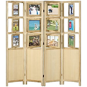 HOMCOM 4 Panel Room Divider, 5.6' Indoor Wood Portable Folding Privacy Screens with Photo Frames and Cardstocks, Hinged Freestanding Partition Wall Dividers for Home Office, Natural
