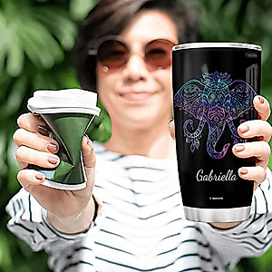 Wassmin Personalized Elephant Tumbler Cup With Lid 20oz 30oz Mandala Elephants Stainless Steel Double Wall Vacuum Insulated Tumblers Coffee Travel Mug Custom Name Birthday Christmas Gifts Men Women