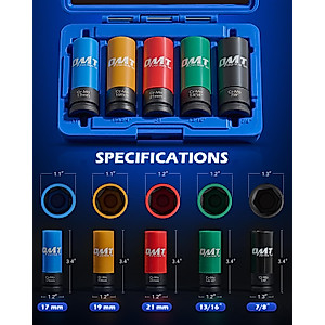 Orion Motor Tech 1/2" Drive Lug Nut Socket Set, Metric 17 19 21 mm & SAE 13/16 7/8 in. Wheel Socket Set, 5pc Impact Lug Nut Socket Set, Thin Wall Lug Nut Socket Set with Colored Protective Covers