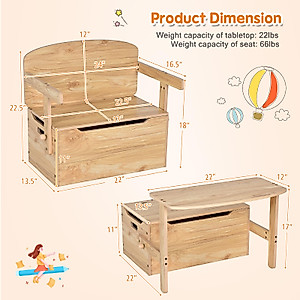 Costzon Kids Table and Chair Set, Convertible Toy Storage Bench with Built-in Handle for Kindergarten, Preschool, Kids Room, Playroom, Wood Reading Nook for Toddler Boys Girls Ages 3 to 7 (Natural)