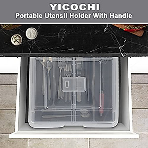 YICOCHI Portable Utensil Holder for Countertop with Lid & Handle, Plastic Silverware Tray for Drawer Flatware Organizer, Gray