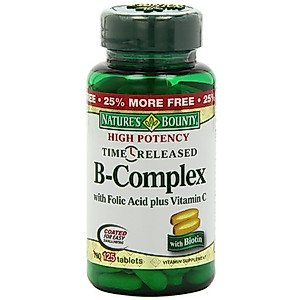 Vitamin B-Complex by Nature's Bounty, Time Released Vitamin Supplement w/ Folic Acid Plus Vitamin C, Supports Energy Metabolism and Nervous System Health, 125 Tablets (Pack of 3)