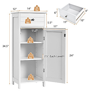 COSTWAY Bathroom Storage Cabinet, Single Door Floor Cabinet with Drawer and 3-Level Adjustable Shelves, Modern Side Storage Organizer with Anti-Tipping Device for Living Room, Bedroom (White)