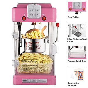 Pop Pup Countertop Popcorn Machine – 2.5oz Kettle with Measuring Spoon, Scoop, and 25 Serving Bags by Great Northern Popcorn (Pink)