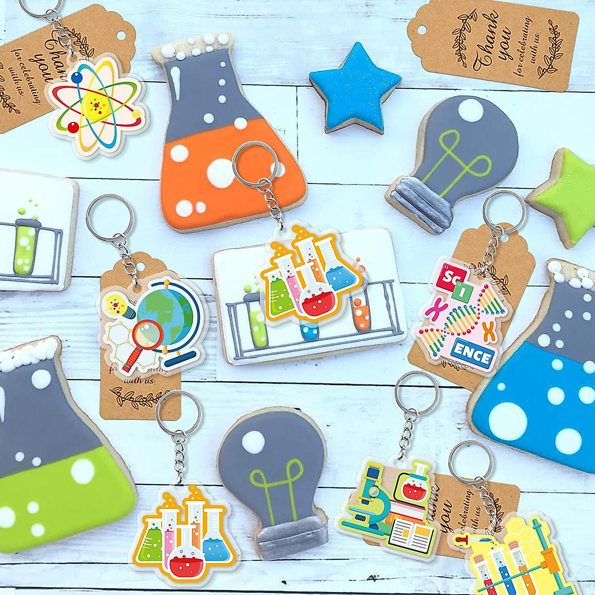 BUYWUMORE Science Party Favors 12 Sets with Keychains Thank You Kraft Tags and Organza Bags for Scientist Theme Birthday Party Classroom Rewards School Party Supplies