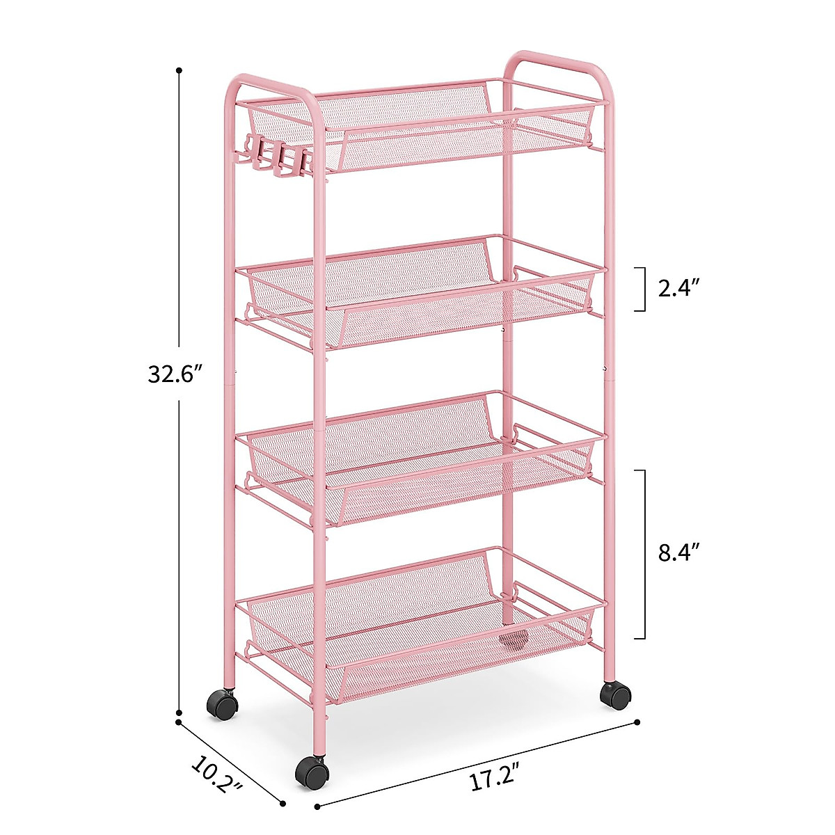 TOOLF 4-Tier Rolling Cart, Metal Utility Cart with 3 Hooks, Easy Assemble Mobile Storage Trolley On Wheels, Slide Out Shelving Units Kitchen Bathroom Laundry Room