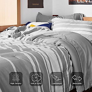 Bedsure Twin Comforter Set 5 Pieces, Grey Striped Bedding Set for Twin Size Bed Reversible, Cationic Dyeing Bed in a Bag with Comforter, Sheets, Pillowcase & Sham