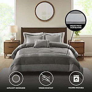 Madison Park Darcey Cozy Comforter Set, Faux Suede, Deluxe Hotel Styling All Season Down Alternative Bedding Matching Shams, Decorative Pillow, Full/Queen(90 in x 90 in), Border Grey 4 Piece