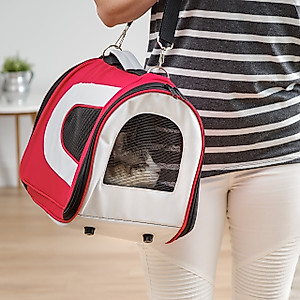 IRIS USA Large Soft Sided Carrier with Shoulder Strap, Sturdy Collapsible Water Resistant Cat Dog Pet Carrier with Padded Bottom and Top Handle for Travel Road Trip, Red