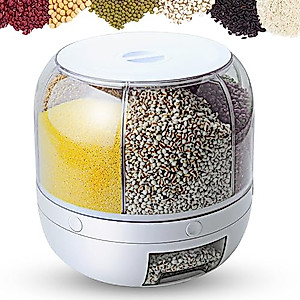 WOWFUNNY Grain Dispenser, 8.2 Qt Rotating Rice Dispenser Storage Container, 6-Compartment Dry Food with Measuring Cup, Containers for Kitchen Small Grains, Beans, (8.2Qt)