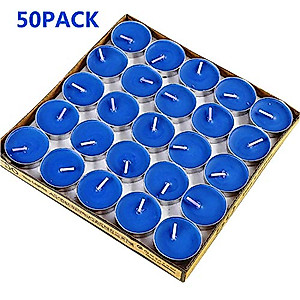 Tea Lights Candles, 50 Pack Flameless Colorful Tealights Holder Variety Relaxing Paraffin Pressed Wax 2 Hours Burn Time for Travel,Centerpiece,Party Gift Happy Birthday New Year Wedding (Blue)