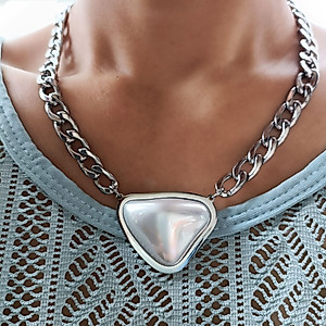 DASIQI Pearl Pendant Necklace Cuban Link Thick Silver Chain Stainless Steel Fashion Jewelry