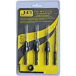 JNB Pro Wood Countersink Drill Bit Set,3 Pc Adjustable Countersink Bit #6(9/64"),All Same Size,1 Extra 9/64" Tapered Drill Bit, 1 Adjust. Collar,1/4" Quick Change Shank,Countersink (#6(9/64))