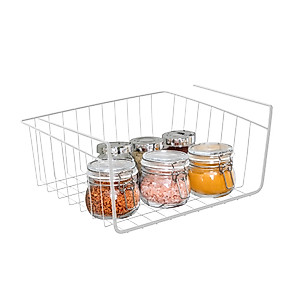 Smart Design Undershelf Storage Basket - Small - Snug Fit Arms - Steel Metal Wire - Rust Resistant Finish - Cabinet, Pantry, Shelf Organization - Kitchen (12 x 5.5 Inch) [White]