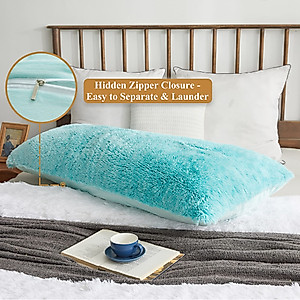 XeGe Cozy 20x54 Long Furry Body Pillow Sham, Plush Fuzzy Faux Fur Body Pillowcase with Zipper, Rectangular Fluffy Pillow Cover for Pregnant Women Side Sleeper, Shaggy Bedding Pillow Aqua Ombre