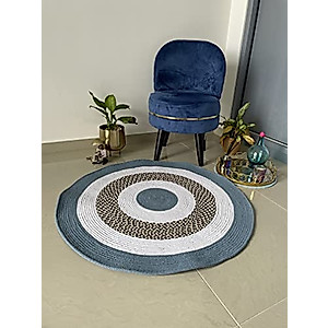 The Weaving Buddha Organic Round Cotton Mat Braided and Woven for Home Decor 3 feet (36 inches) Blue and White …