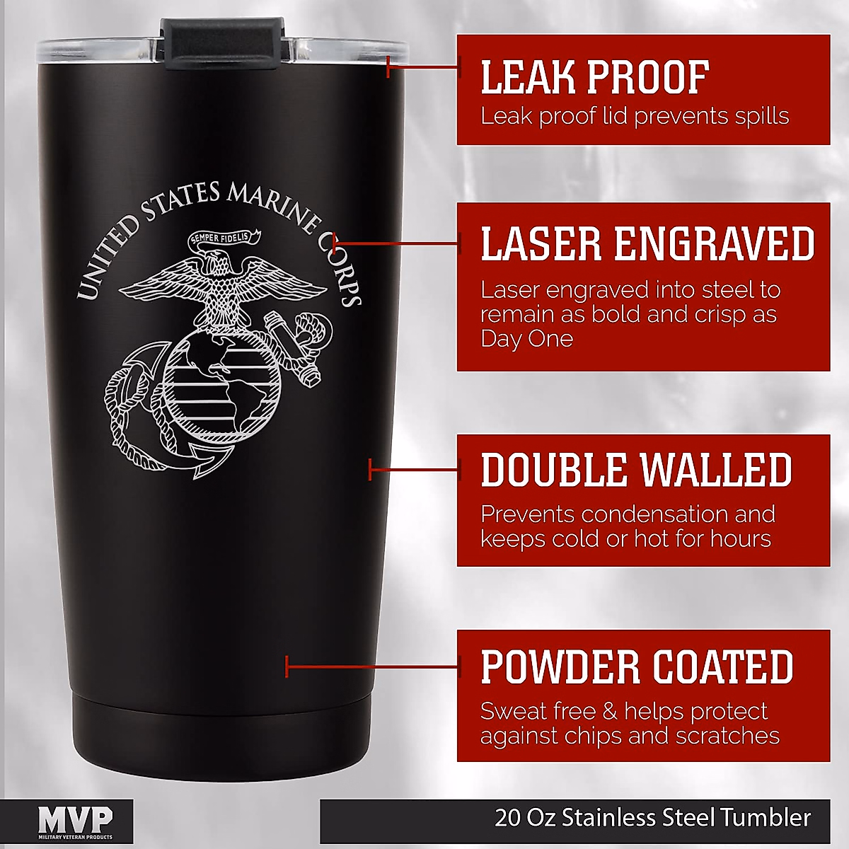 20oz Insulated USMC Tumbler-Double-Walled Stainless Steel Marine Corps travel Cup- Durable & Leakproof - Disabled USMC Veteran Owned SMALL Business
