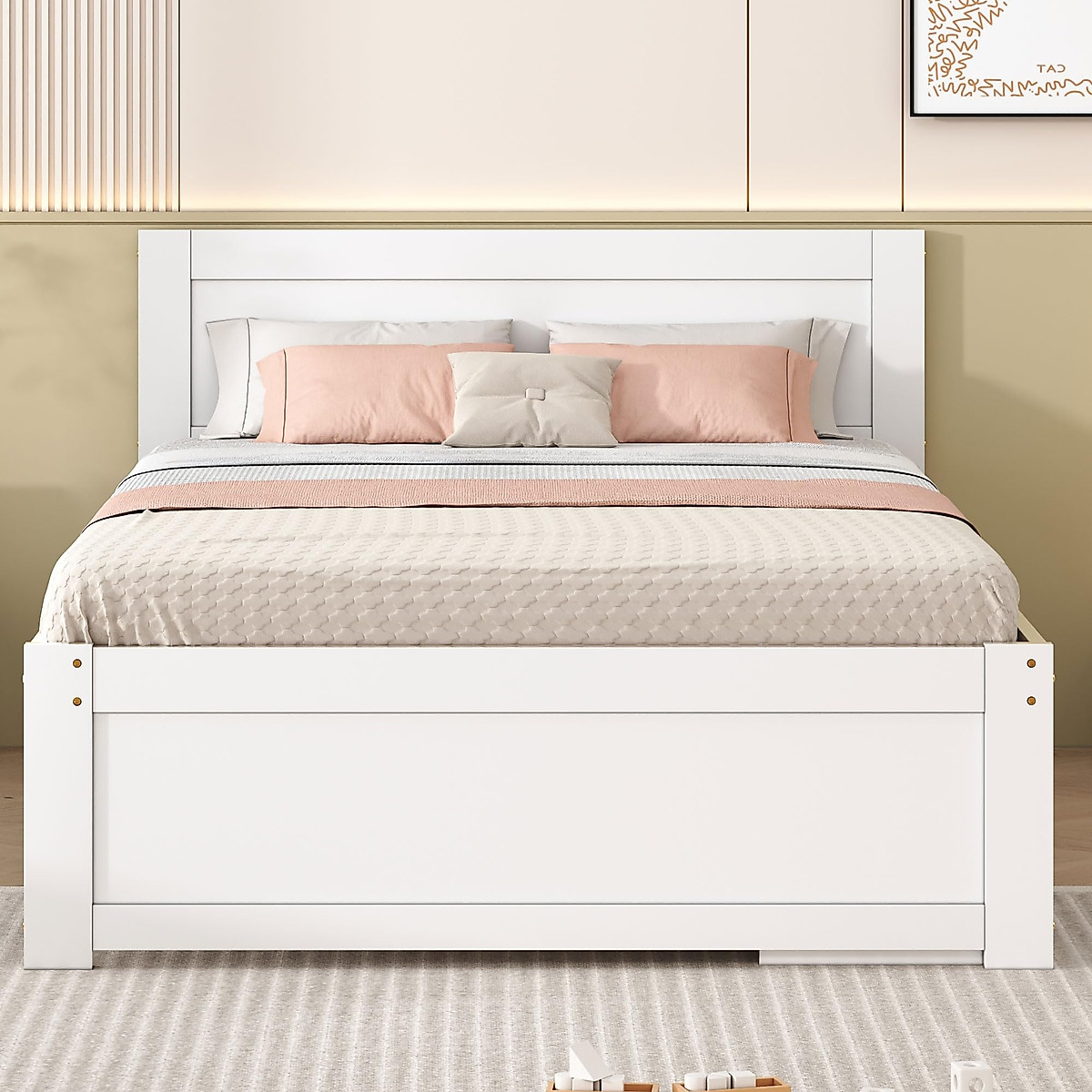 Linique Full Size Platform Bed with Drawer and Two Shelves,Full Bed Frame with Storage,Spring Box No Need,White