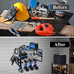 Power Tool Organizer Garage Organization with 4 Drill Holders, Power Tool Organizer and Storage Wall mount, Heavy Duty Metal Garages Shelf, Utility Rack for Screwdriver Pegboard Shed Workshop, Black