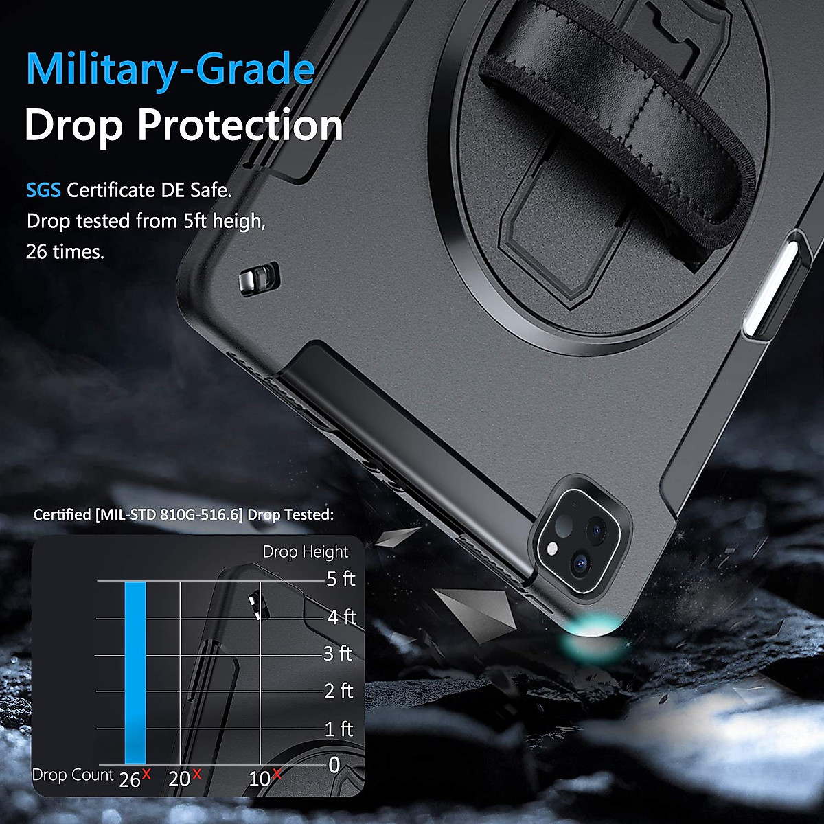 Miesherk Case for iPad Pro 11 Inch Case 2022/2021: iPad Pro 11 Case 4th Generation, Military Grade Heavy Duty Shockproof Rotating Stand+Hand/Shoulder Strap for iPad Pro 11 2021 3rd Gen Case, Black