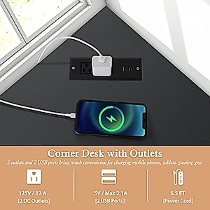 GOFLAME Corner Desk with Power Outlet, Triangle Computer Desk for Small Space, Space-Saving Writing Desk with Storage Shelf and Charging Station, Modern Laptop PC Desk for Home Office (Black)