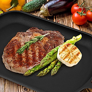 Mimiuo Cast Iron Sizzler Pan for Pizza Oven and Grill, 14 Inch Non-Stick Sizzling Fajita Skillet Rectangular Griddle Pan with Removable Handle for Stove Cooking Grilling Meats Seafood