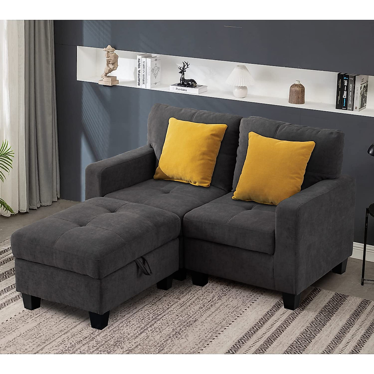 Aeffze Love Seat Sofa with Storage Ottoman Convertible Velvet 2 Seater Modular Sectional Modern Reversible Couch for Living Room Apartment Small Space (Dark Grey) (F8001-HOME)