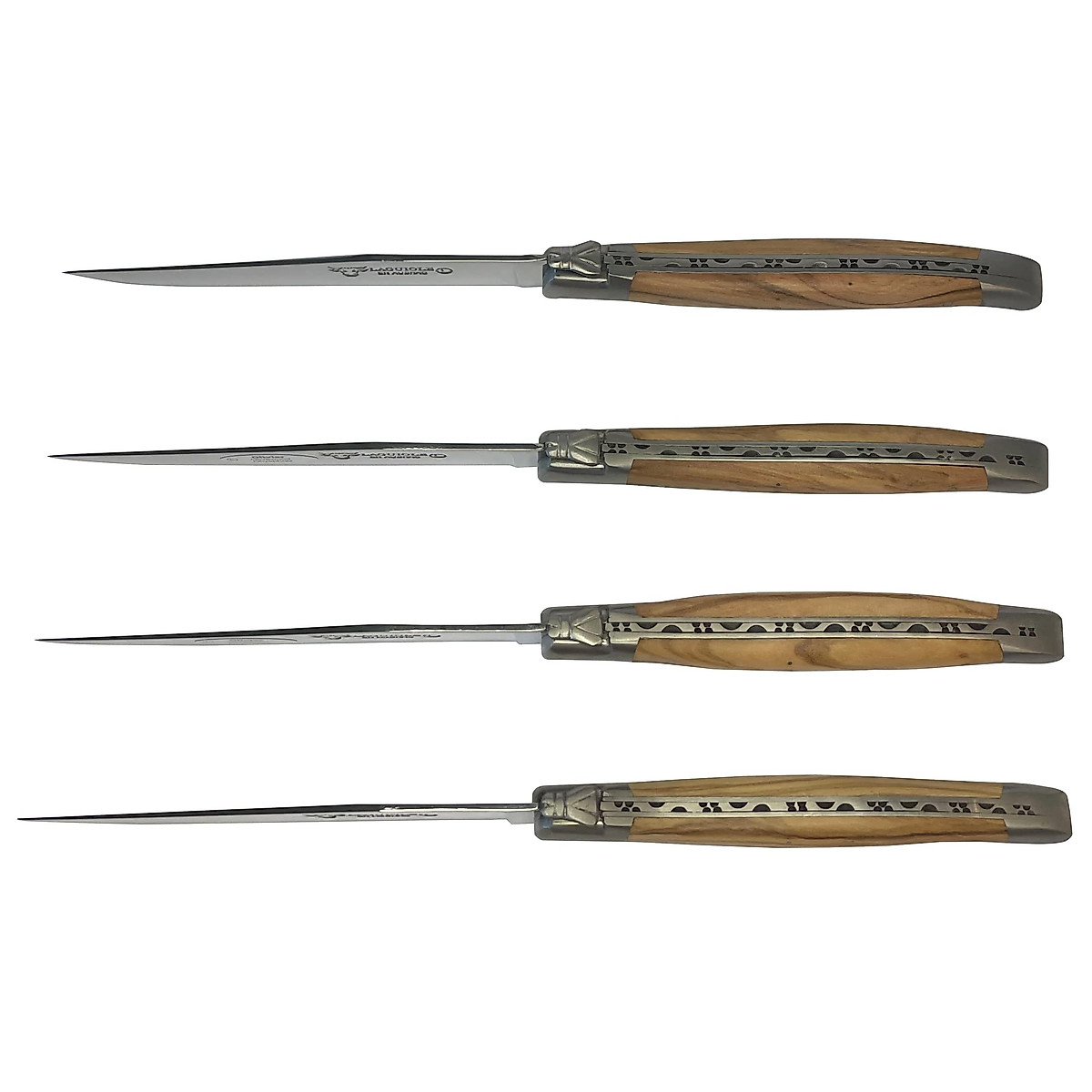 Laguiole en Aubrac Luxury Fully Forged Full Tang Stainless Steel Steak Knives 4-Piece Set with Olivewood Handle, Stainless Steel Matte Bolsters